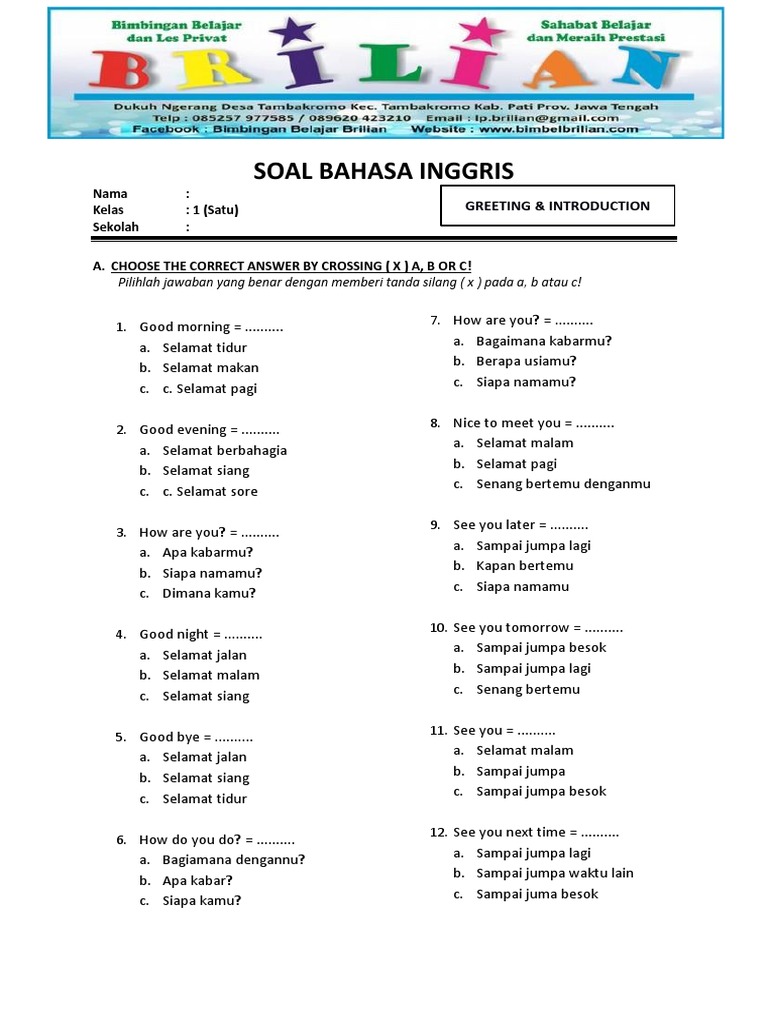 Soal Greeting and Introduction Bahasa Inggris Kelas 1 SD | PDF
