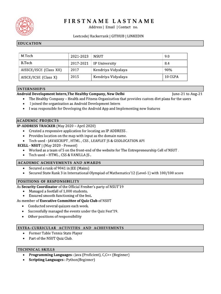 Sample Tech Resume NSUT | PDF