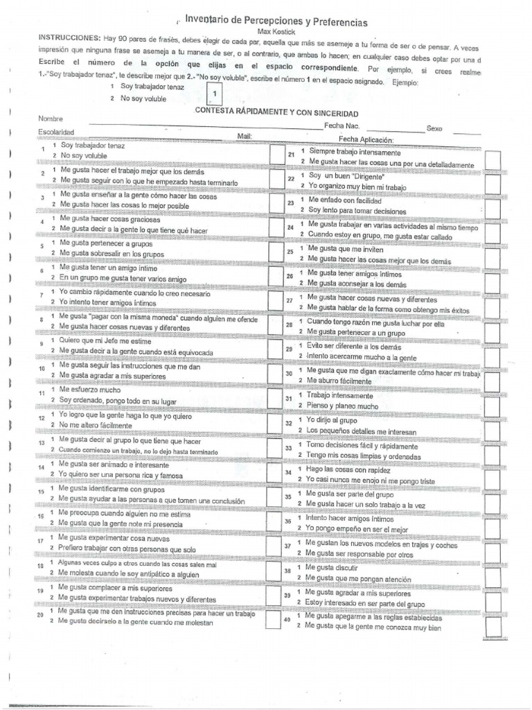 Cuadernillo de Prueba Kostick (1) | PDF