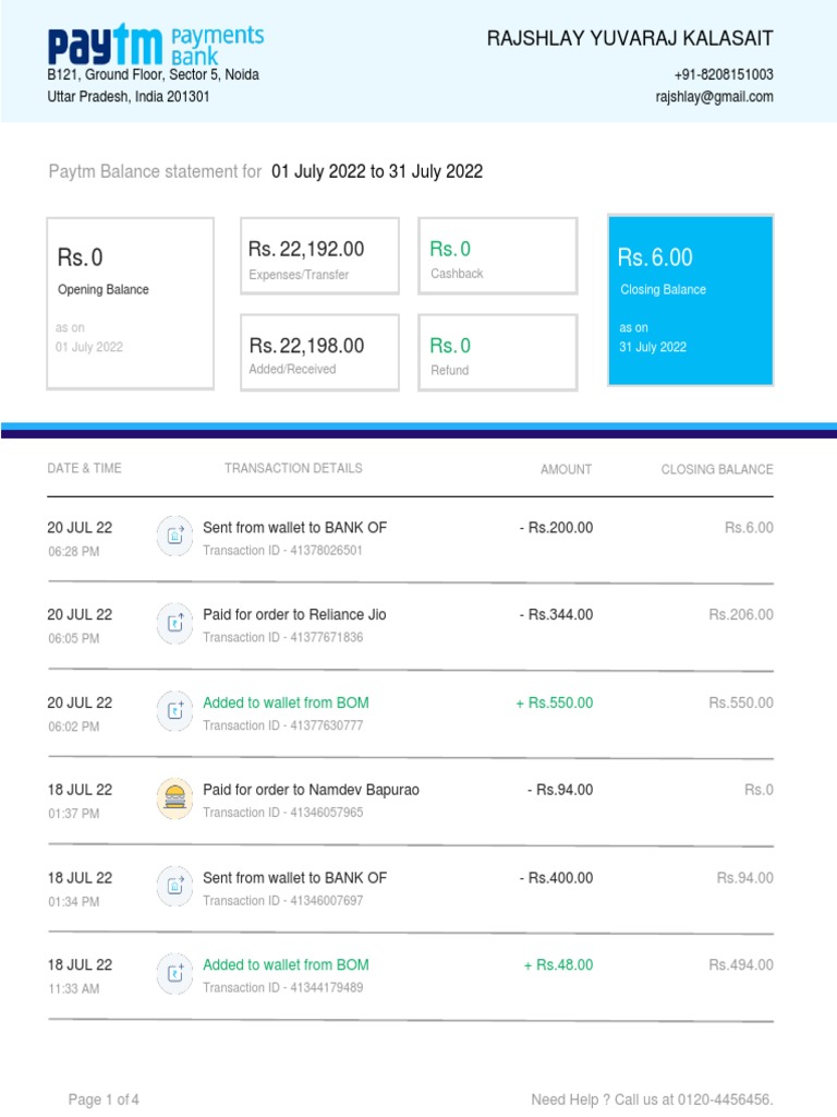 Paytm Balance Statement July 2022 | PDF | Economies | Payments