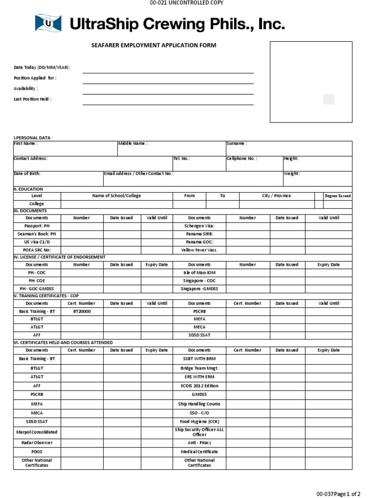 Seafarer Employment Application Form: I.Personal Data | PDF | Oil ...