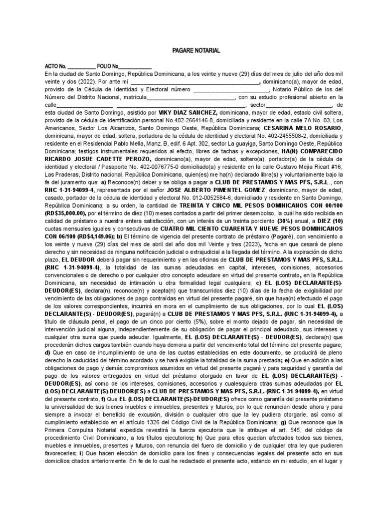 Pagaré Notarial RD$35,000 Préstamo | PDF | Pagos | República Dominicana