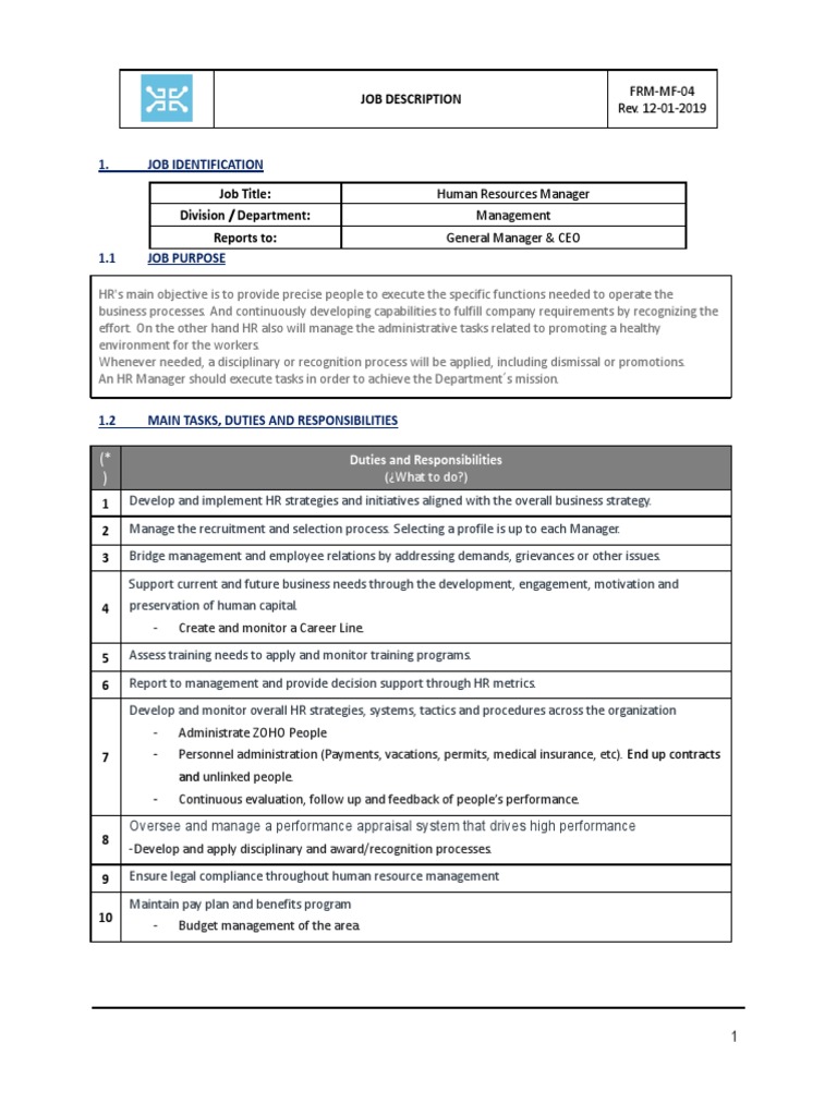 HR MANAGER- Job Description Form .Docx (1) | PDF | Human Resources ...