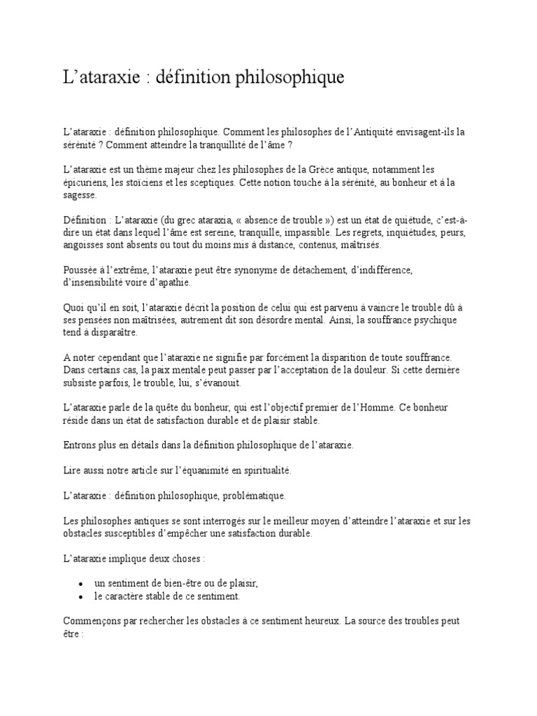 L'Ataraxie : Définition et Philosophie | PDF | Bonheur | Psychologie