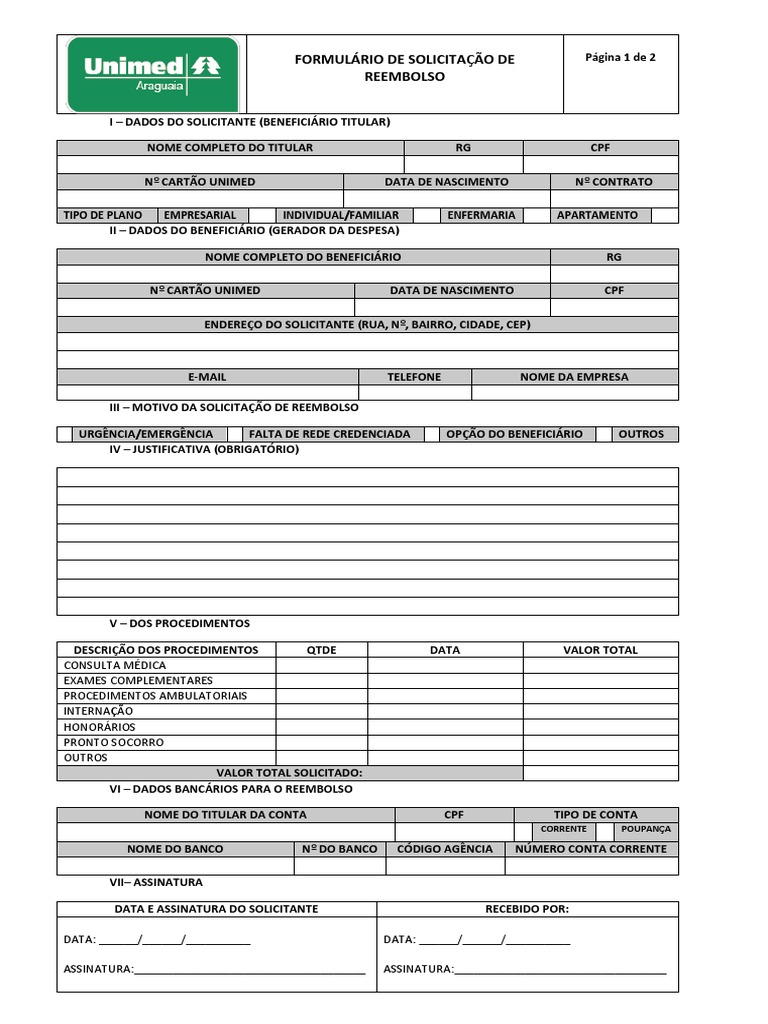 Formulário de Reembolso Unimed | PDF | Sistema de saúde | Medicina Clínica