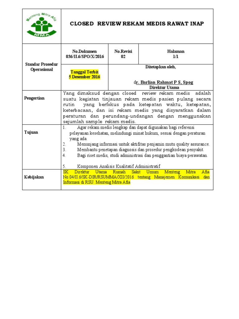 Spo Closed Review Rekam Medis Rawat Inap | PDF
