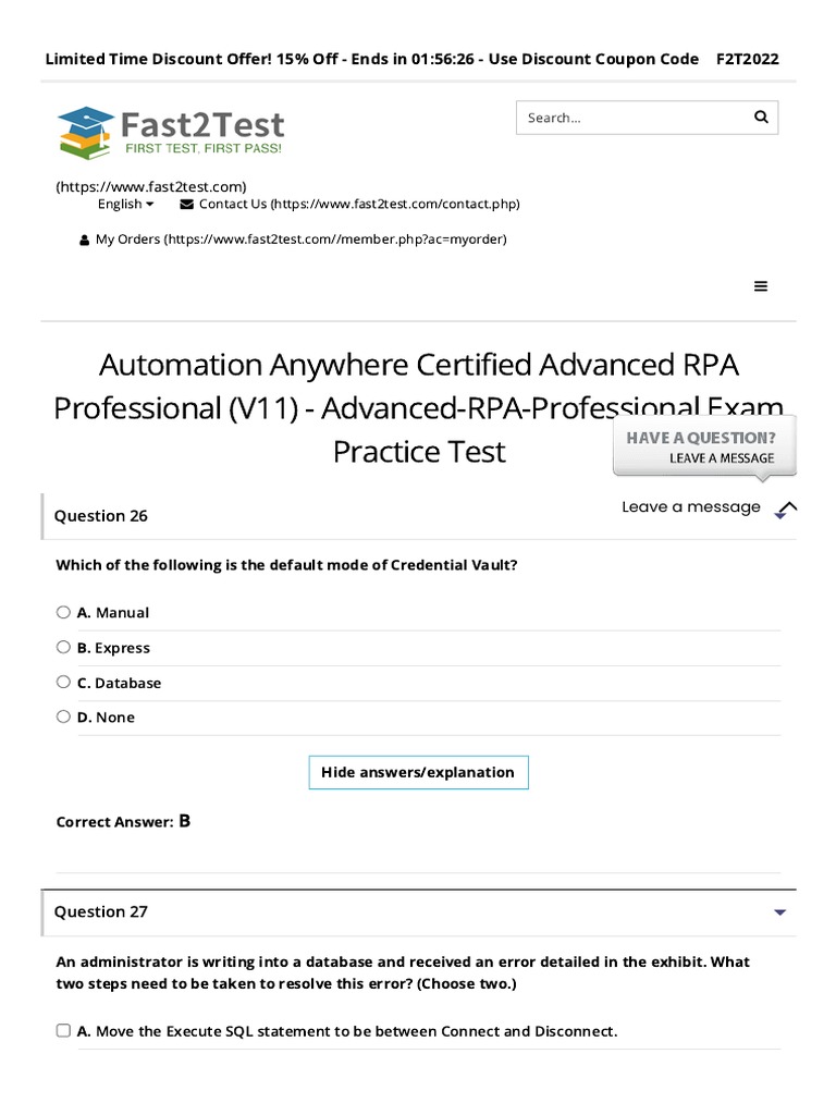 Automation Anywhere Certified Advanced RPA Professional (V11) - Advanced-RPA-Professional Exam ...