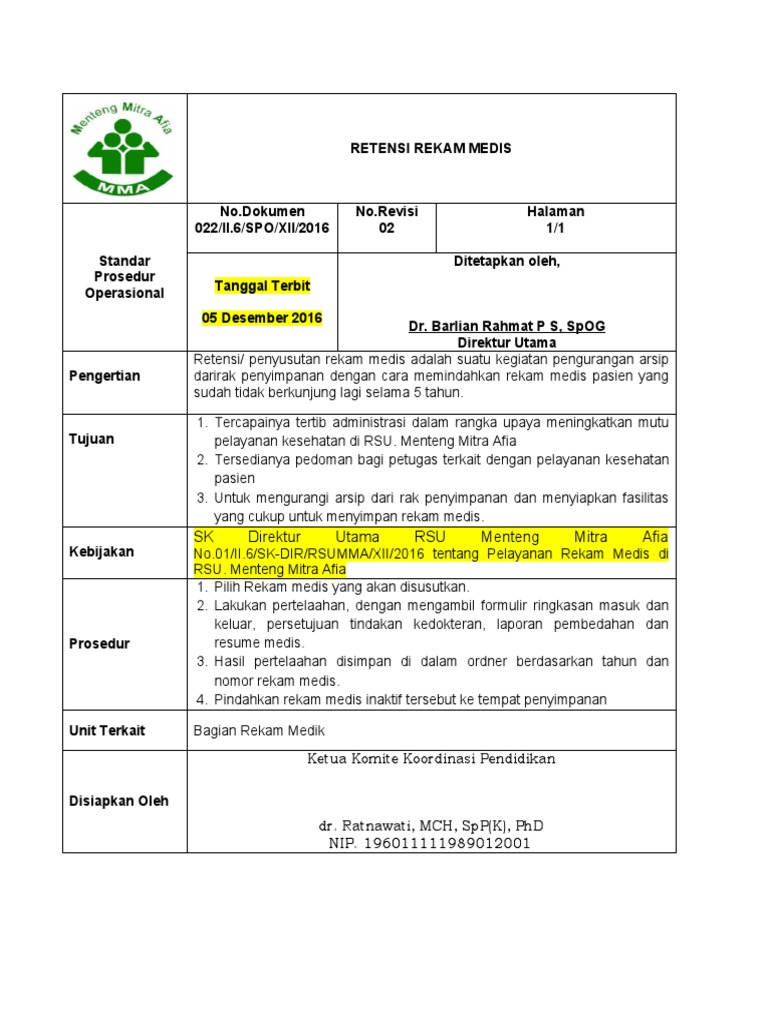 SPO Retensi Rekam Medis | PDF