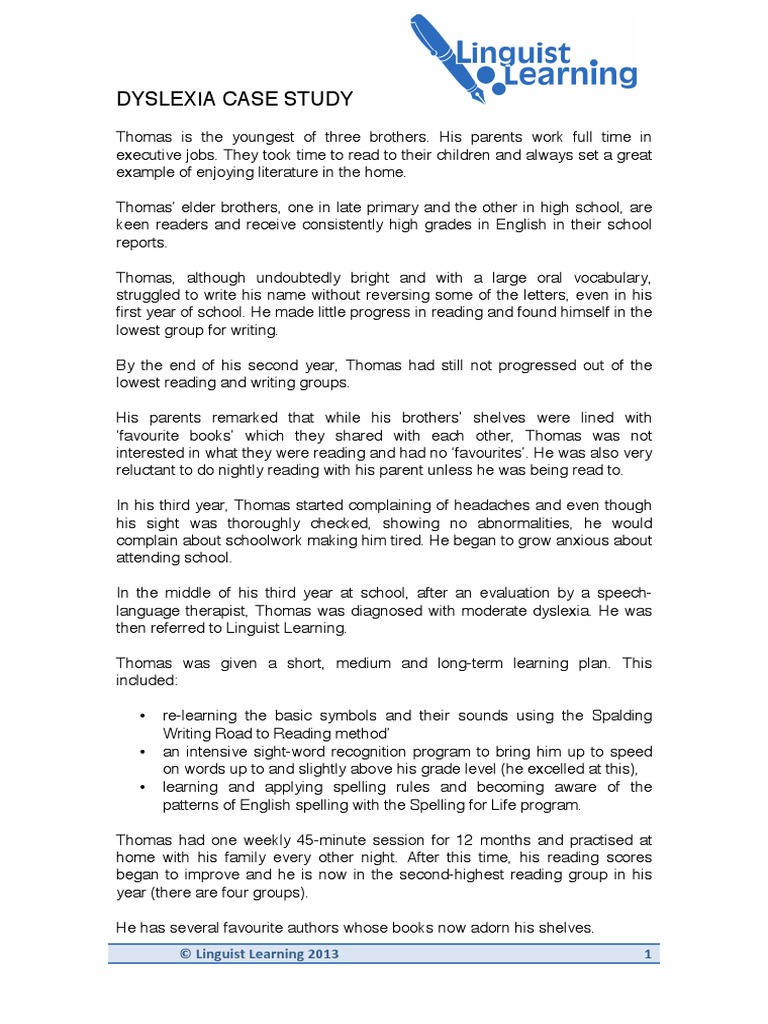 Dyslexia Case Study | PDF | Dyslexia | Cognitive Science