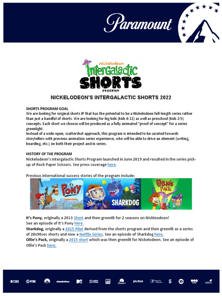 Welcome To The 2022 Nickelodeon Intergalactic Shorts Program | PDF