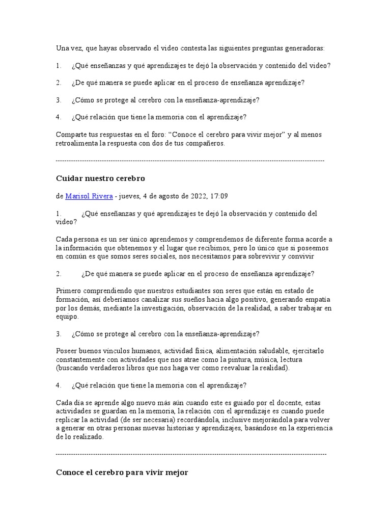 M1.T3.Conoce El Cerebro para Vivir Mejor - Estela | PDF | Aprendizaje | Memoria