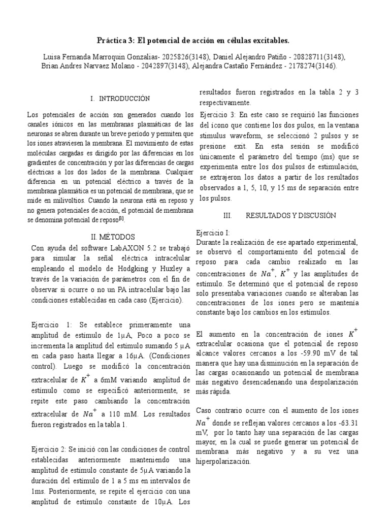 Informe Potencial de Acción en Células Excitables | PDF | Potencial de ...