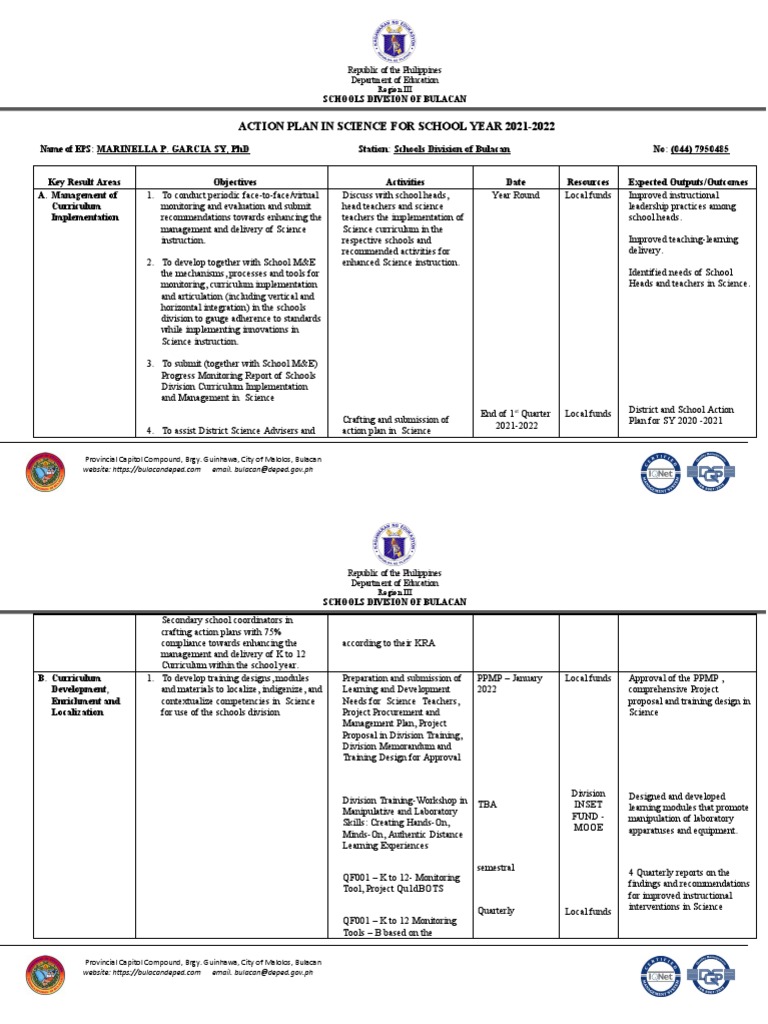 Action Plan in Science For School Year 2021-2022: Name of EPS | PDF ...