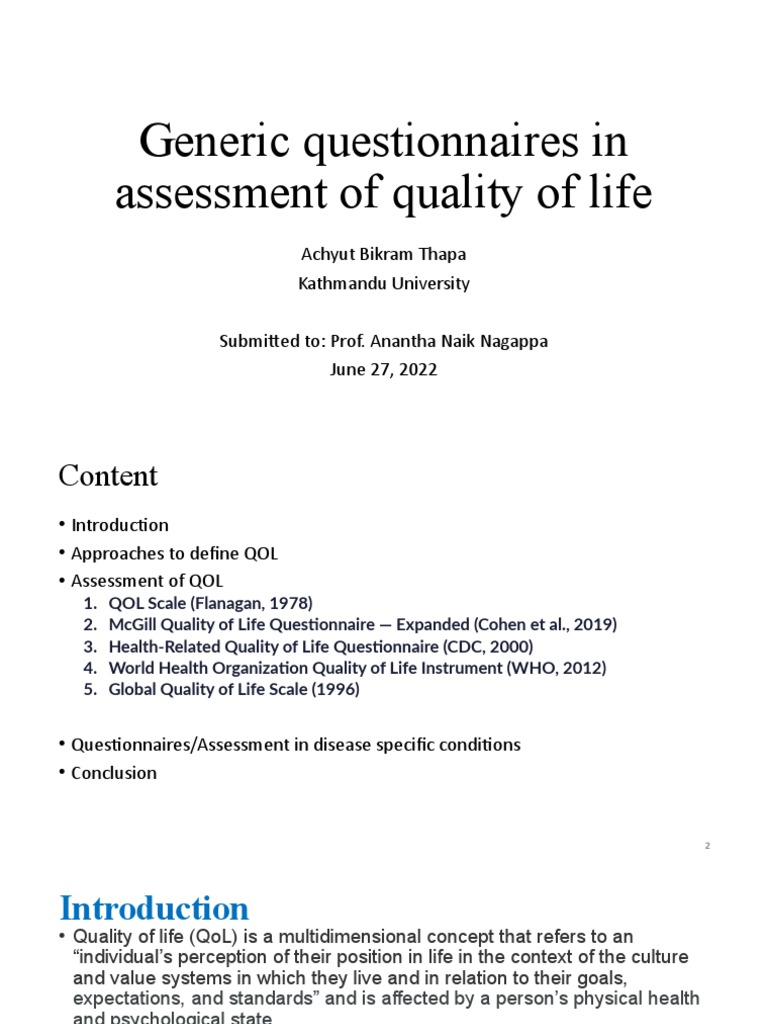 Generic Questionnaires in Assessment of Quality of Life | PDF | Quality ...