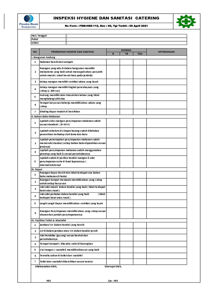 FRM-HSE-112 Checklist Inspeksi Hygine & Sanitasi Catering | PDF