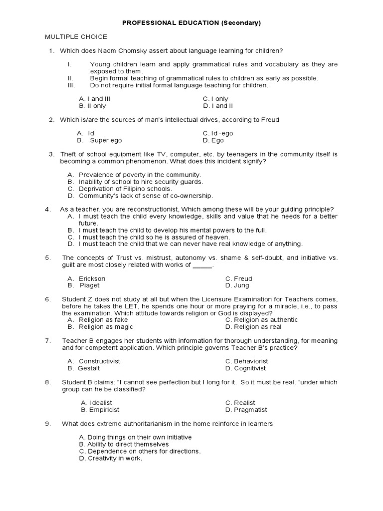 Secondary Education Professional Quiz | PDF | Teachers | Learning