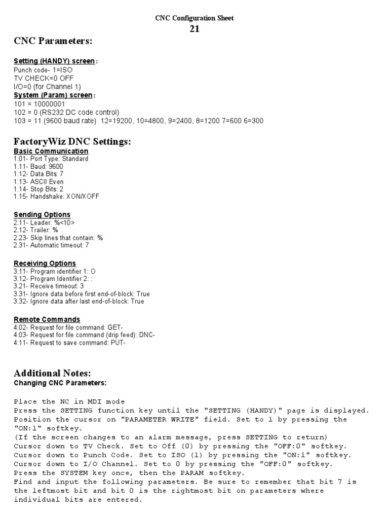 CNC Configuration Sheet Fanuc 21 | PDF | Computing | Computer Engineering
