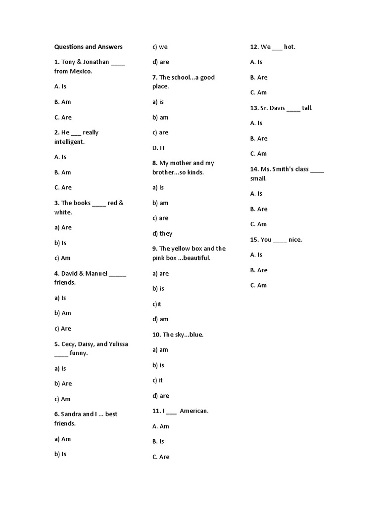 Verbo To Be Multiple Choice | PDF