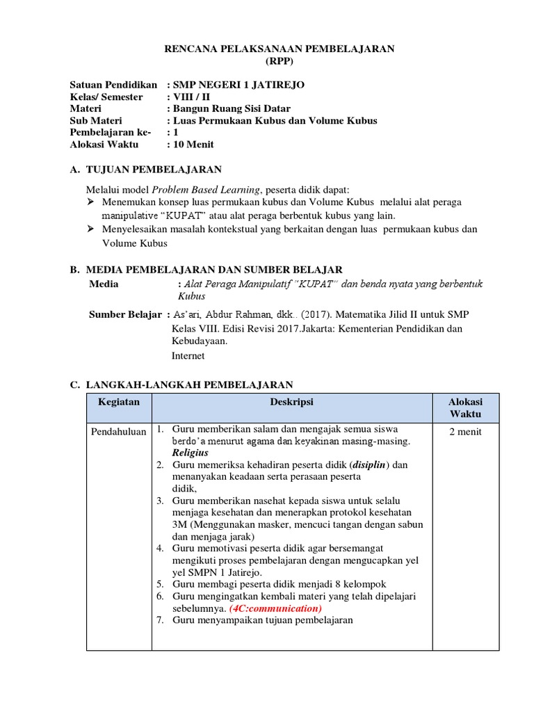 RPP Matematika - Bangun Ruang Sisi Datar (Kubus) Keas Viii | PDF