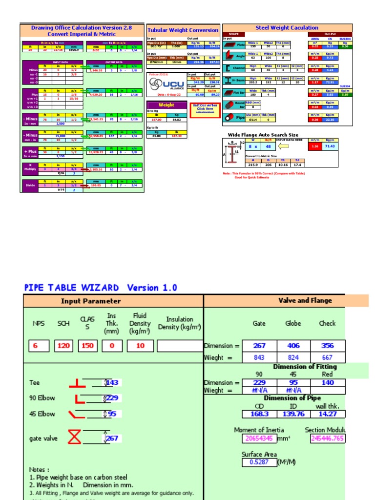 Drawing Office Calculation Version 2.8 Tubular Weight Conversion Steel ...