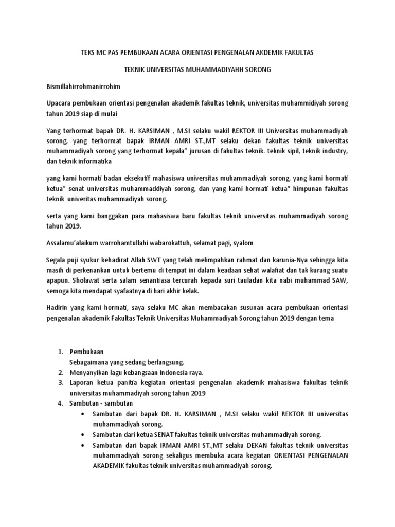 Teks MC Pas Pembukaan Acara Orientasi Pengenalan Akdemik Fakultas | PDF