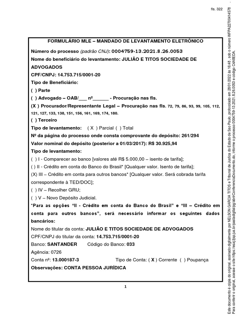 MLE - Mandado de Levantamento Eletrônico (Pag 322) | PDF