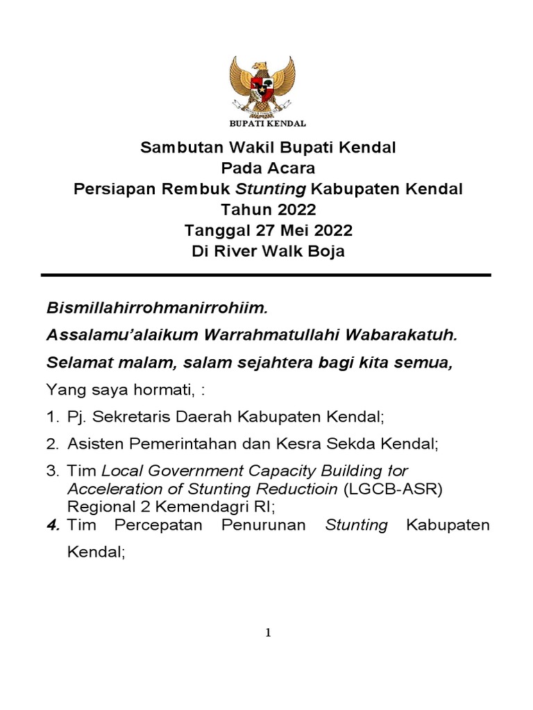 Sambutan Persiapan Rembuk Stunting | PDF
