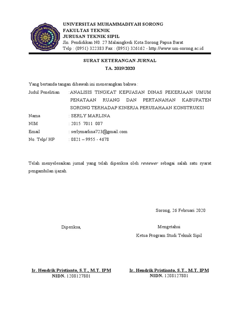 Lembar Surat Keterangan Jurnal Serly | PDF