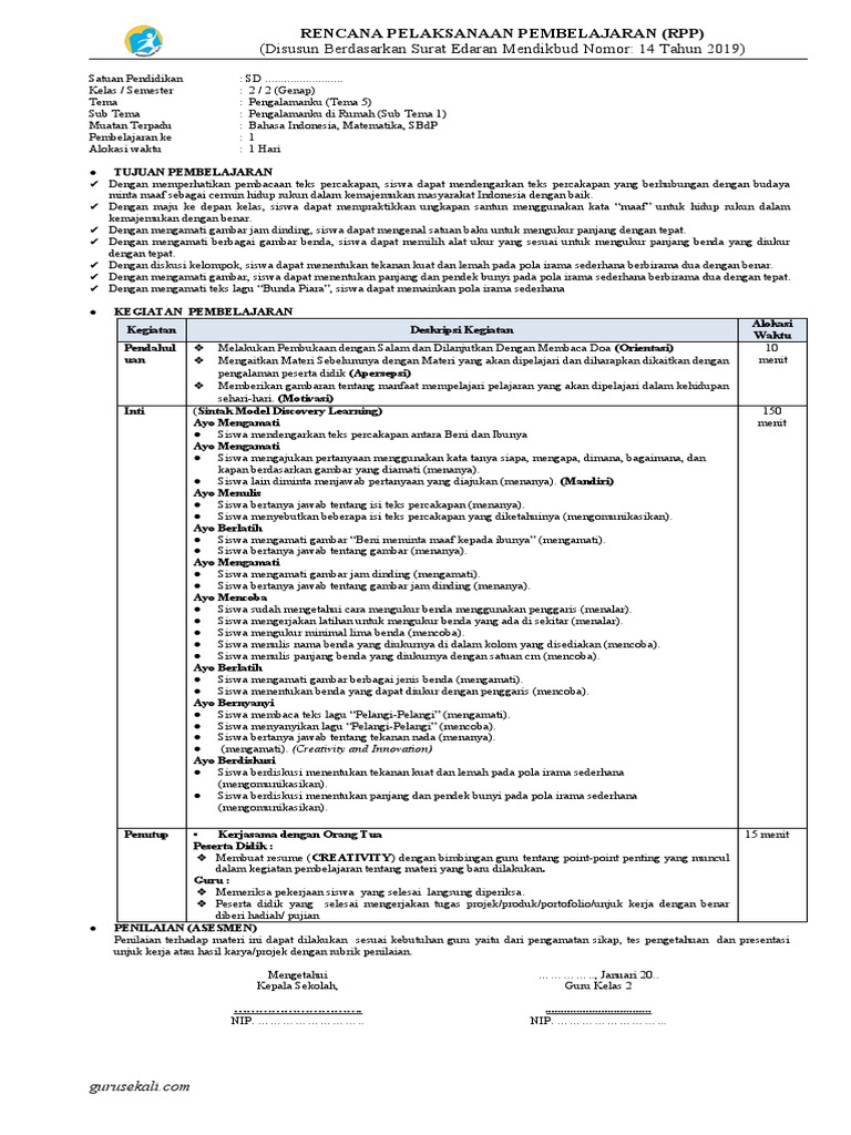RPP 1 Lembar Kelas 2 Tema 5 | PDF