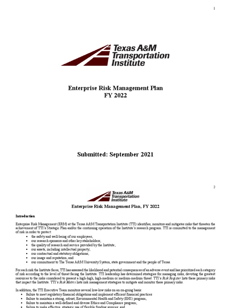 Enterprise Risk Management Plan | PDF | Risk Management | Risk