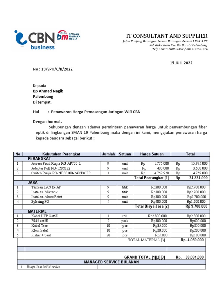 Penawaran Pemasangan Jaringan Wifi CBN | PDF