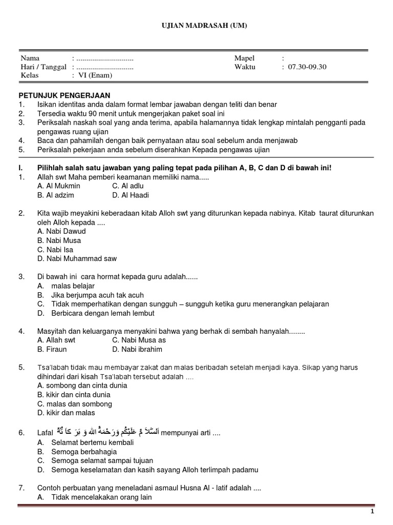 Soal UM Akidah Akhlak MI Ok | PDF
