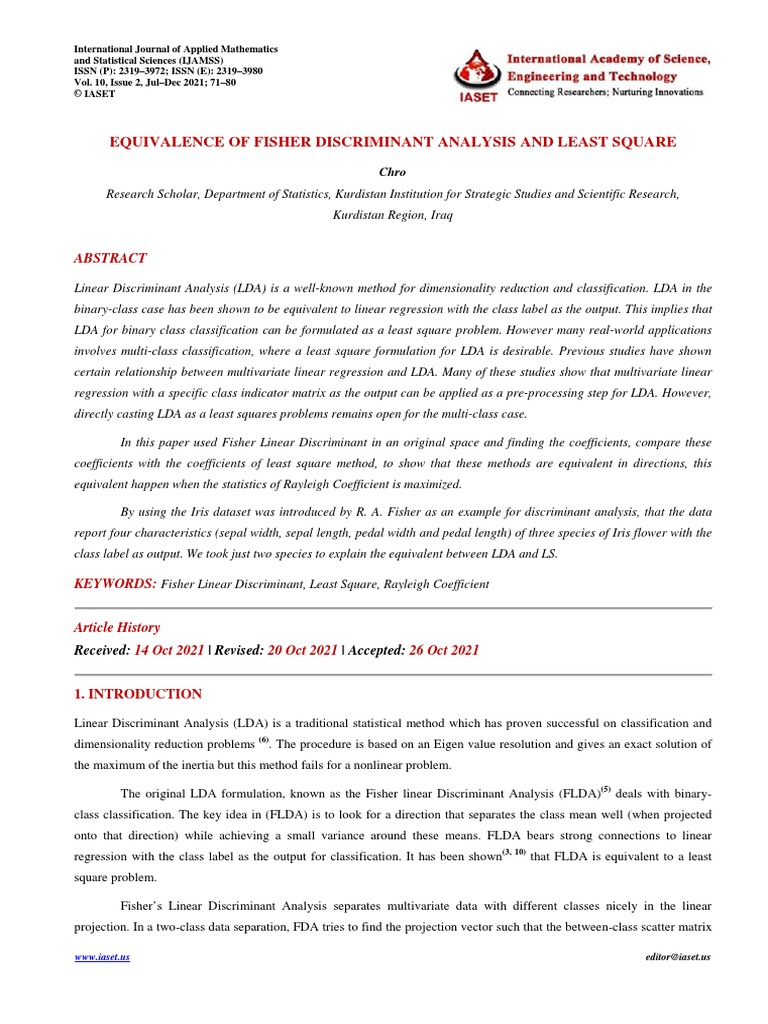 Reviewed - IJAMSS - Equivalence of Fisher Discriminant Analysis and Least Square | PDF ...