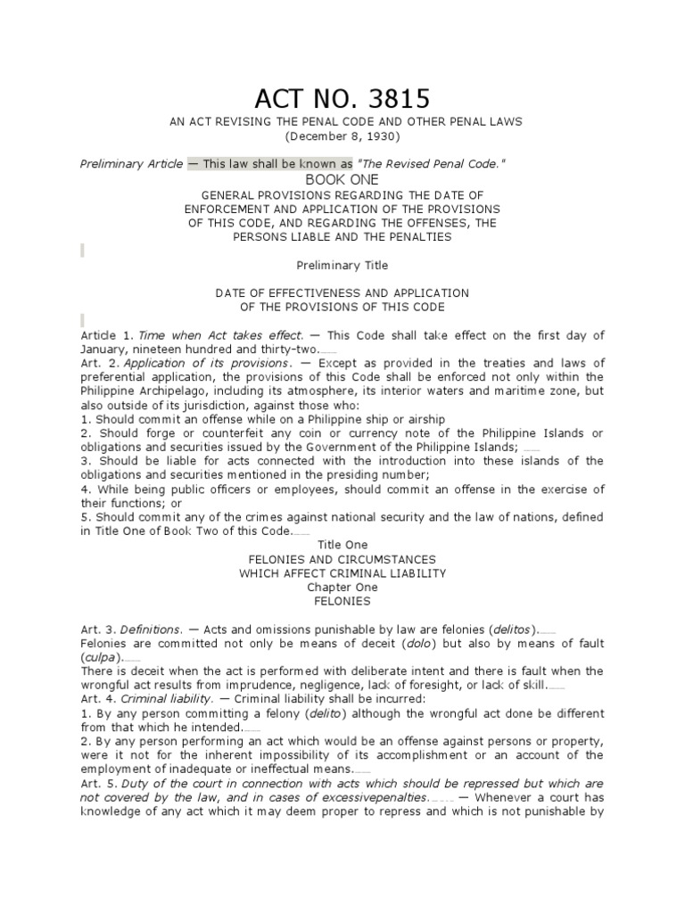 The Revised Penal Code Act No 3815 Pdf Crime And Violence Crimes