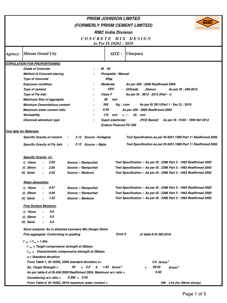 M30Pile Mix Design & Trial Sheet | PDF | Concrete | Cement