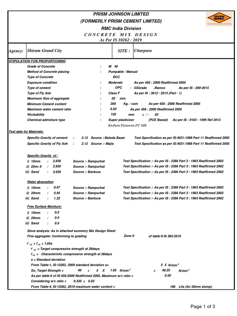 M40 Mix Design & Trial Sheet | PDF | Concrete | Cement