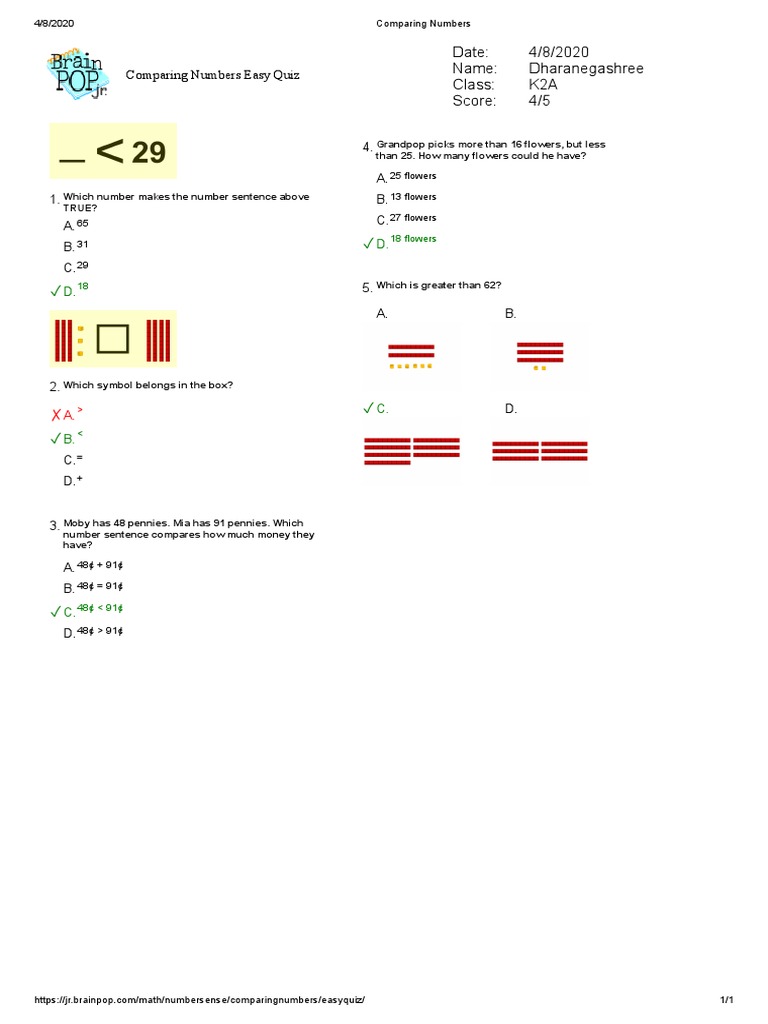 Comparing Numbers Easy Quiz - BrainPOP JR | PDF