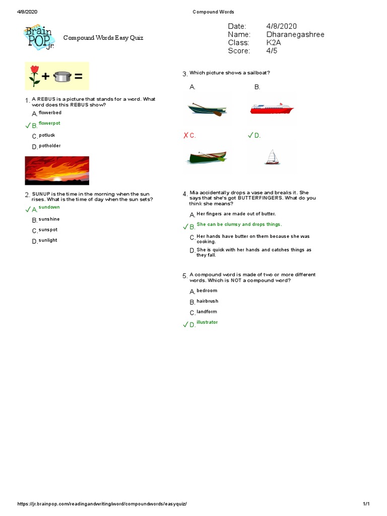 Compound Words Easy Quiz - BrainPOP JR | PDF