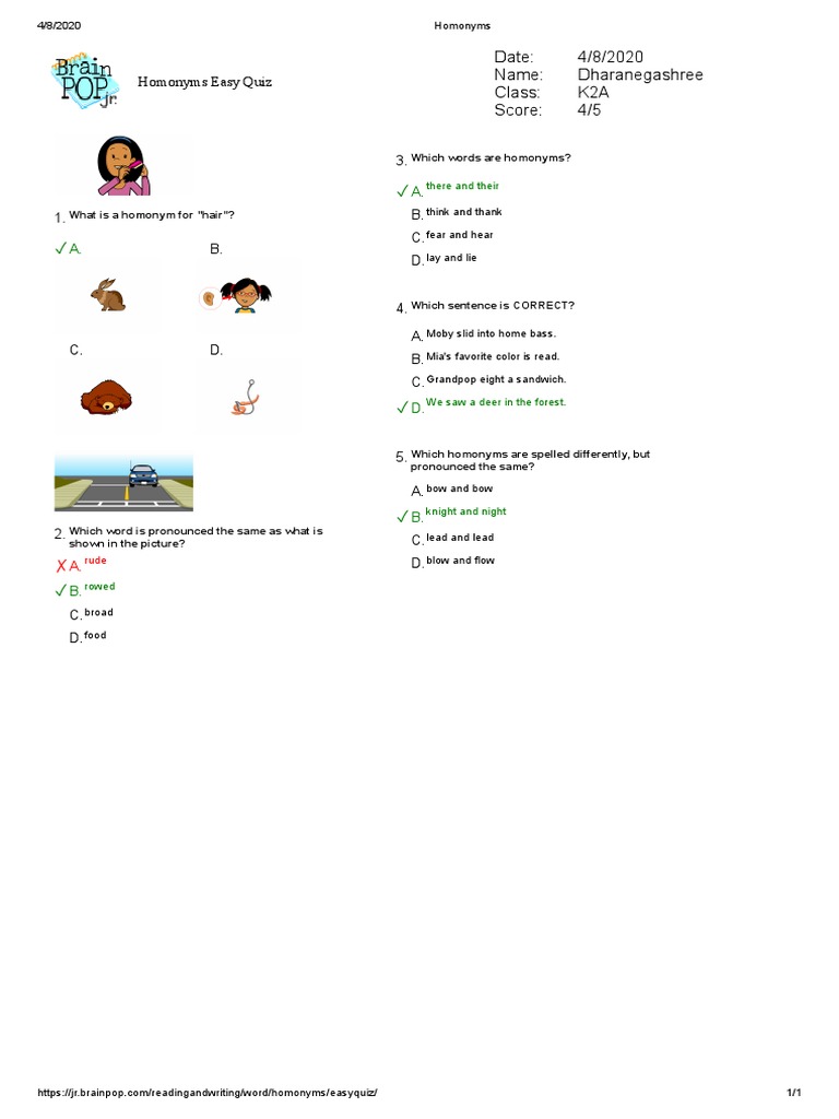 BrainPOP Jr. Homonyms Quiz Results | PDF