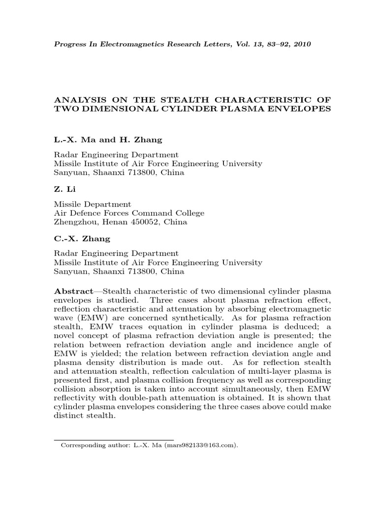 Analysis of Stealth Characteristics of Two-Dimensional Cylinder Plasma ...