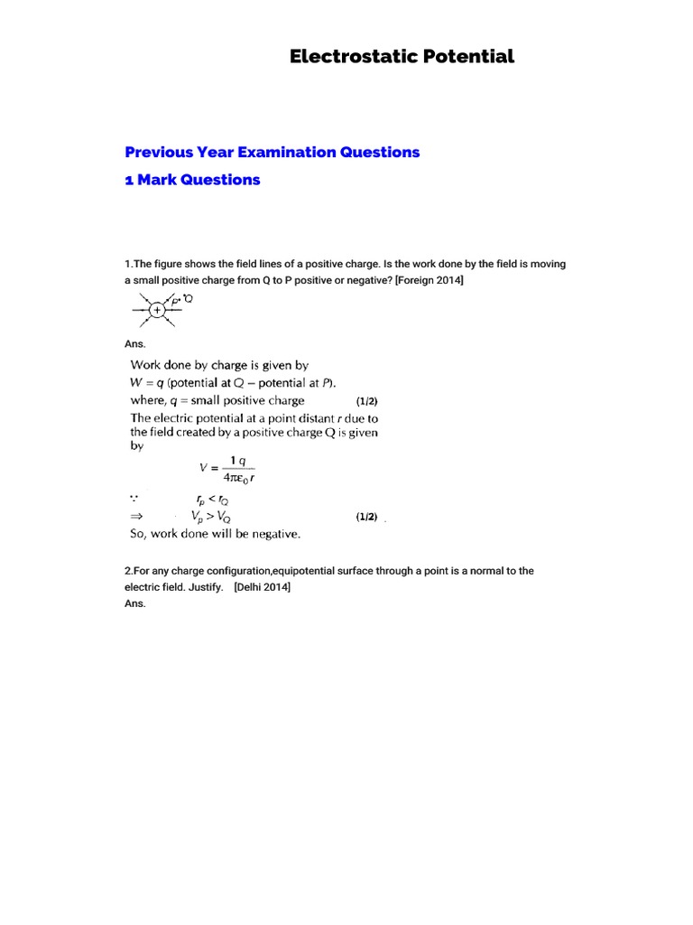 Electrostatic Potential: Previous Year Examination Questions 1 Mark ...