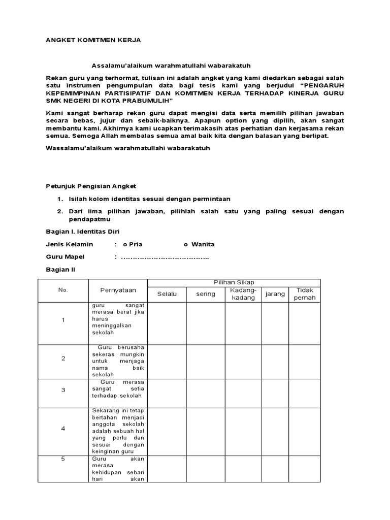 Angket 2. KOMITMEN KERJA | PDF