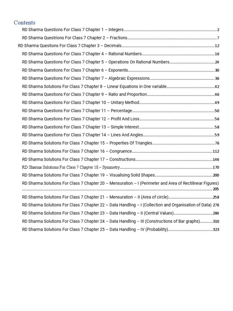 RD Sharma Question For Class 7 | PDF | Rational Number | Numbers