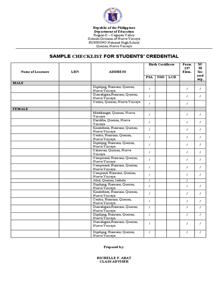 Student Credential Checklist | PDF