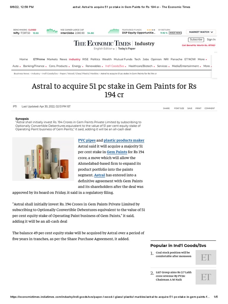 Astral - Astral To Acquire 51 PC Stake in Gem Paints For Rs 194 CR ...