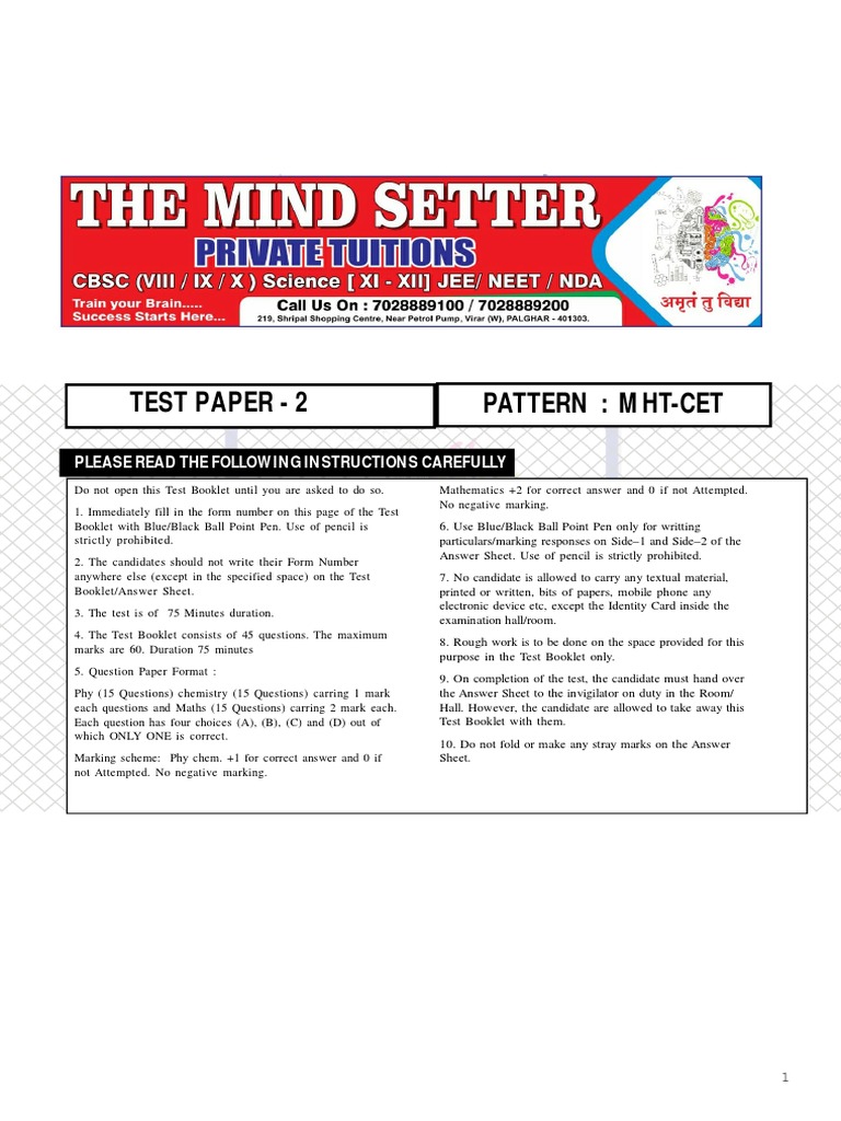 Test Paper - 2 Pattern: Mht-Cet: Please Read The Following Instructions ...