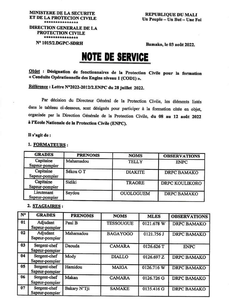 Note de Service - Conduite Opérationnelle Des Engins Niveau 1 (COD1) | PDF