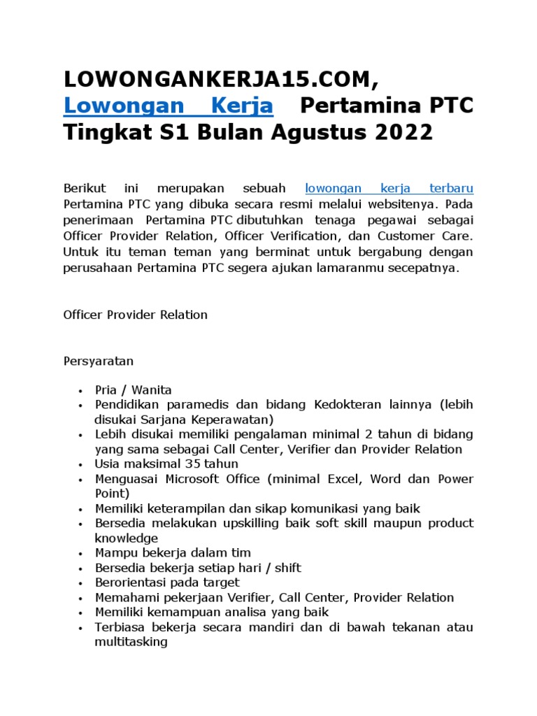 Lowongan Kerja Pertamina PTC Tingkat S1 2022 | PDF
