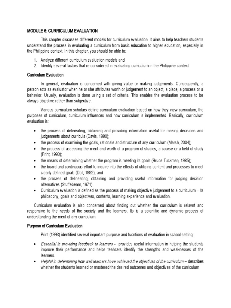 Curriculum Evaluation Models Guide | PDF | Curriculum | Evaluation