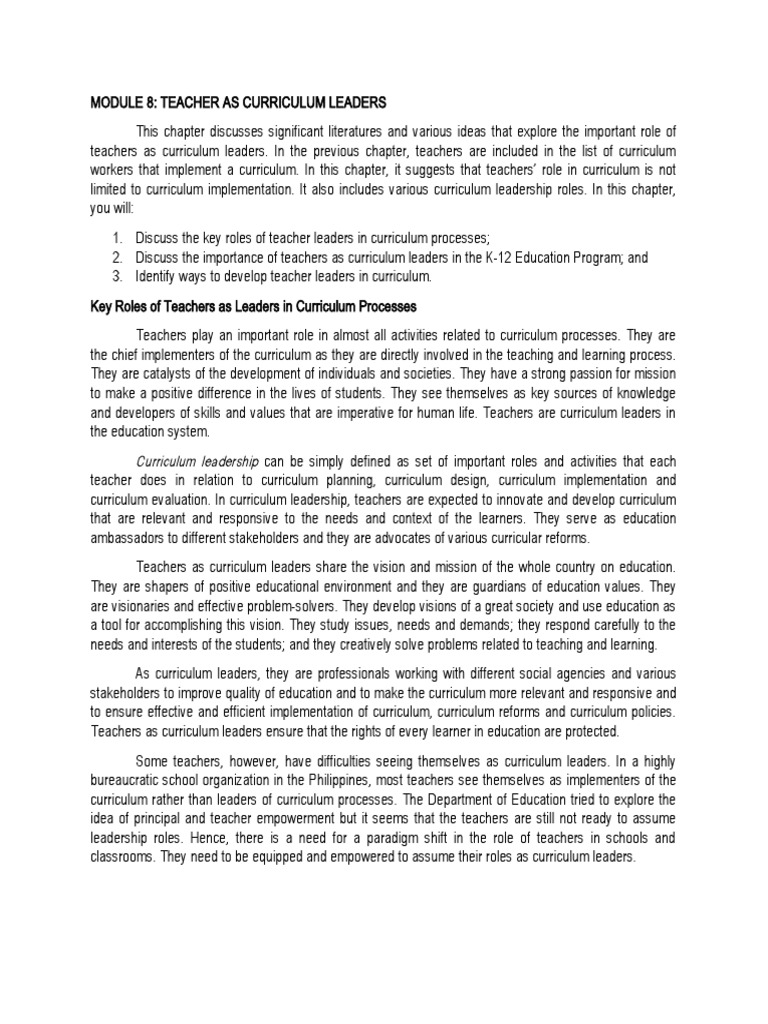 Module 8 Teachers As Curriculum Leaders | PDF | Curriculum | Teachers